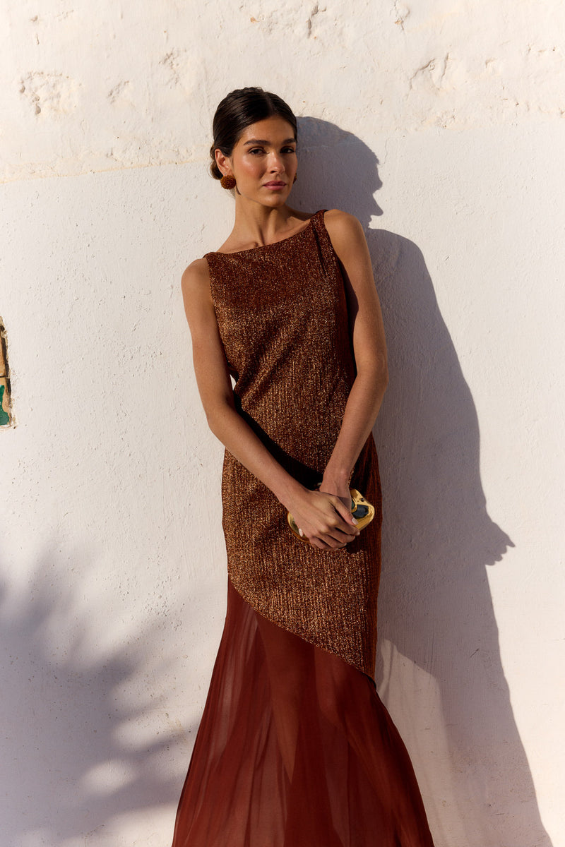 Vestido Largo Lurex Escote Cuadrado Gasa Bajo Lapamán Cobre | Lady Pipa