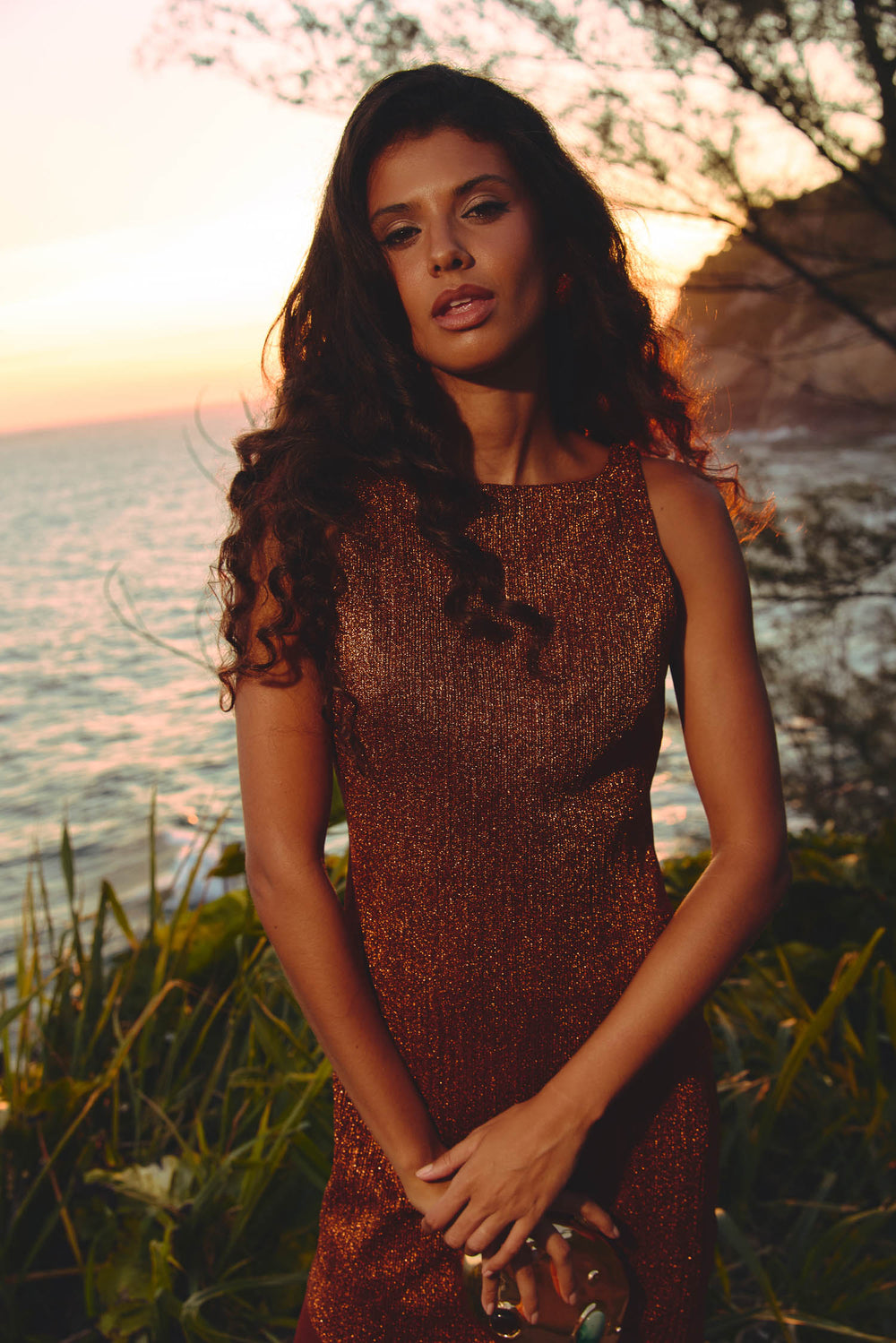 Vestido Largo Lurex Escote Cuadrado Gasa Bajo Lapamán Cobre | Lady Pipa